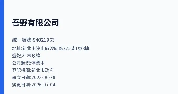 吾野有限公司的照片-統編 94021963(新北市) 公司登記資料與營業項目詳細圖表