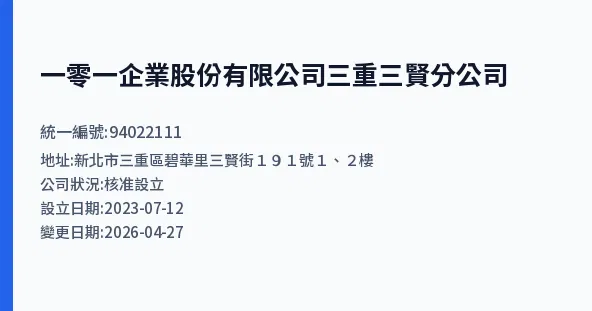 一零一企業股份有限公司三重三賢分公司的照片-統編 94022111(新北市) 公司登記資料與營業項目詳細圖表