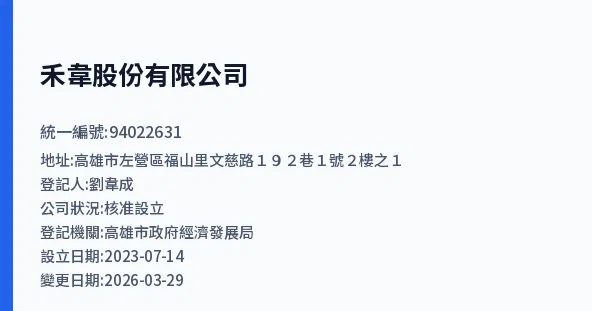 禾韋股份有限公司的照片-統編 94022631(高雄市) 公司登記資料與營業項目詳細圖表