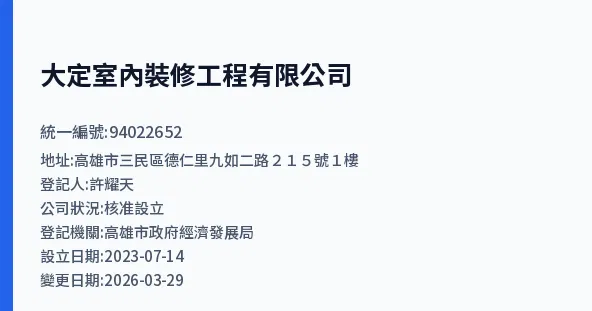 大定室內裝修工程有限公司的照片-統編 94022652(高雄市) 公司登記資料與營業項目詳細圖表