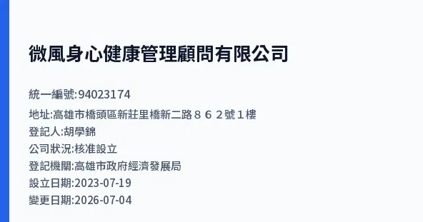 微風身心健康管理顧問有限公司的照片-統編 94023174(高雄市) 公司登記資料與營業項目詳細圖表