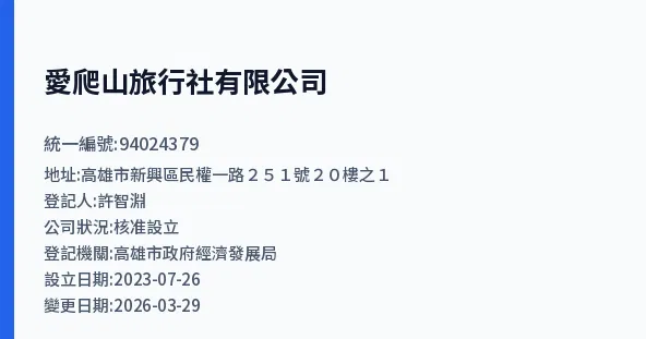 愛爬山旅行社有限公司的照片-統編 94024379(高雄市) 公司登記資料與營業項目詳細圖表