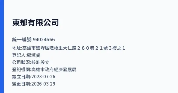 東郁有限公司的照片-統編 94024666(高雄市) 公司登記資料與營業項目詳細圖表