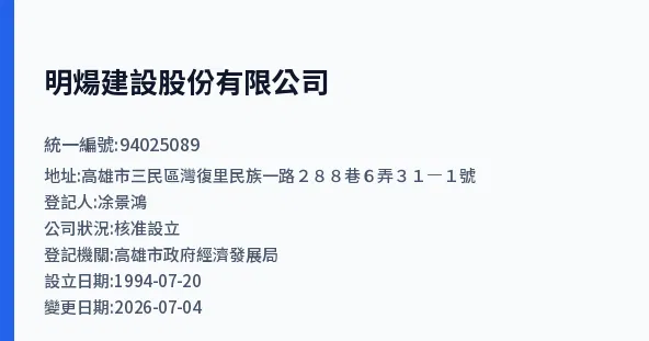 明煬建設股份有限公司的照片-統編 94025089(高雄市) 公司登記資料與營業項目詳細圖表