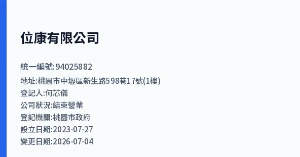 位康有限公司的照片-統編 94025882(桃園市) 公司登記資料與營業項目詳細圖表