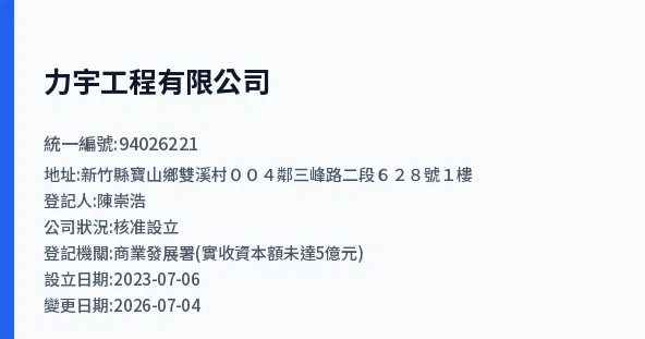 力宇工程有限公司的照片-統編 94026221(新竹縣) 公司登記資料與營業項目詳細圖表