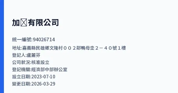 加絾有限公司的照片-統編 94026714(嘉義縣) 公司登記資料與營業項目詳細圖表