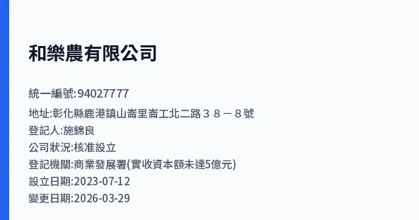 和樂農有限公司的照片-統編 94027777(彰化縣) 公司登記資料與營業項目詳細圖表