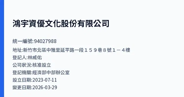 鴻宇資優文化股份有限公司的照片-統編 94027988(新竹市) 公司登記資料與營業項目詳細圖表