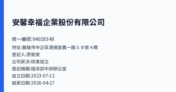 安馨幸福企業股份有限公司的照片-統編 94028348(基隆市) 公司登記資料與營業項目詳細圖表
