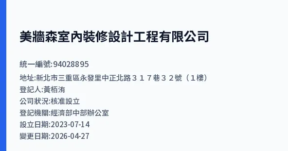 美牆森室內裝修設計工程有限公司的照片-統編 94028895(新北市) 公司登記資料與營業項目詳細圖表