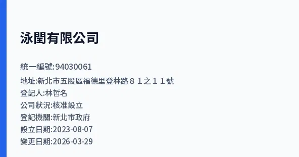 泳閏有限公司的照片-統編 94030061(新北市) 公司登記資料與營業項目詳細圖表