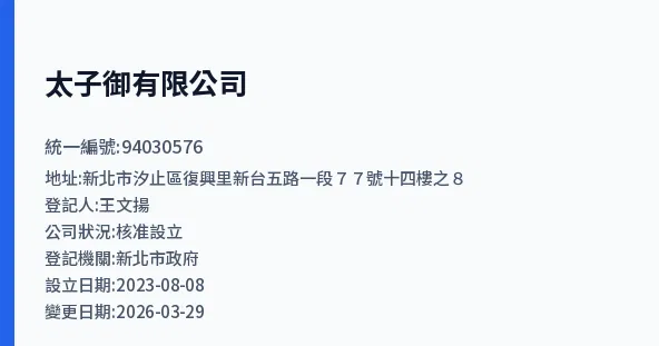 太子御有限公司的照片-統編 94030576(新北市) 公司登記資料與營業項目詳細圖表