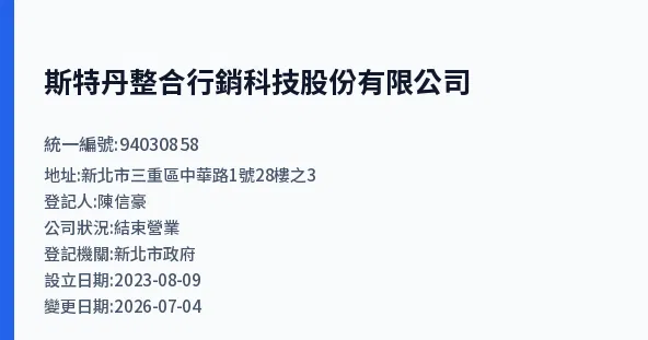 斯特丹整合行銷科技股份有限公司的照片-統編 94030858(新北市) 公司登記資料與營業項目詳細圖表