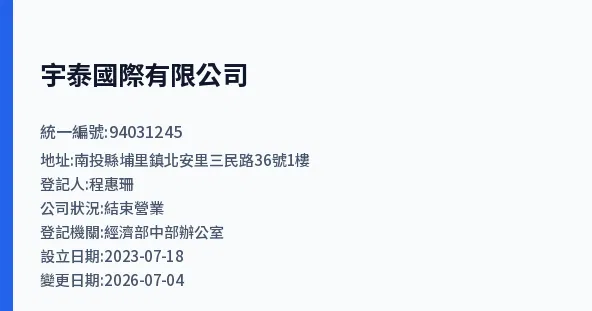宇泰國際有限公司的照片-統編 94031245(南投縣) 公司登記資料與營業項目詳細圖表