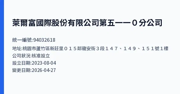 萊爾富國際股份有限公司第五一一0分公司的照片-統編 94032618(桃園市) 公司登記資料與營業項目詳細圖表