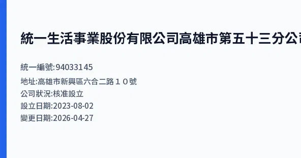 統一生活事業股份有限公司高雄市第五十三分公司的照片-統編 94033145(高雄市) 公司登記資料與營業項目詳細圖表