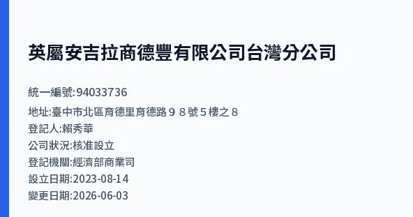 英屬安吉拉商德豐有限公司台灣分公司的照片-統編 94033736(臺中市) 公司登記資料與營業項目詳細圖表