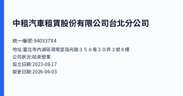 中租汽車租賃股份有限公司台北分公司的照片-統編 94033784(臺北市) 公司登記資料與營業項目詳細圖表