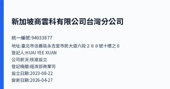 新加坡商雲科有限公司台灣分公司的照片-統編 94033877(臺北市) 公司登記資料與營業項目詳細圖表