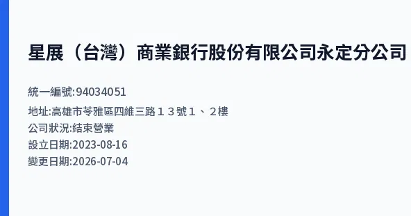 星展(台灣)商業銀行股份有限公司永定分公司的照片-統編 94034051(高雄市) 公司登記資料與營業項目詳細圖表