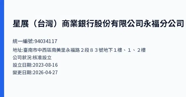 星展(台灣)商業銀行股份有限公司永福分公司的照片-統編 94034117(臺南市) 公司登記資料與營業項目詳細圖表