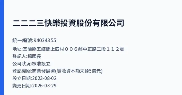 二二二三快樂投資股份有限公司的照片-統編 94034355(宜蘭縣) 公司登記資料與營業項目詳細圖表