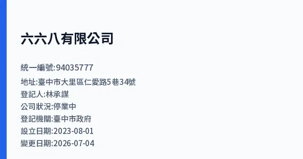 六六八有限公司的照片-統編 94035777(臺中市) 公司登記資料與營業項目詳細圖表