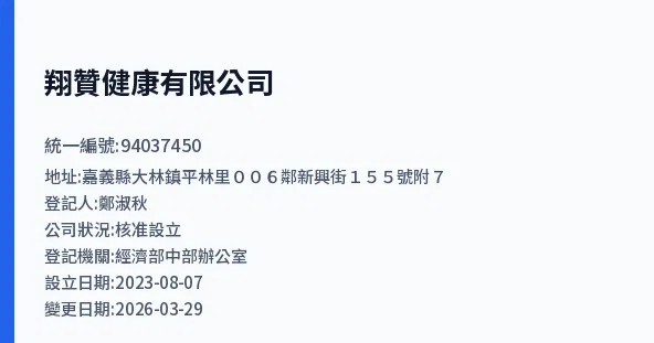 翔贊健康有限公司的照片-統編 94037450(嘉義縣) 公司登記資料與營業項目詳細圖表