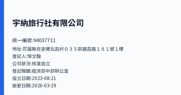 宇納旅行社有限公司的照片-統編 94037711(花蓮縣) 公司登記資料與營業項目詳細圖表