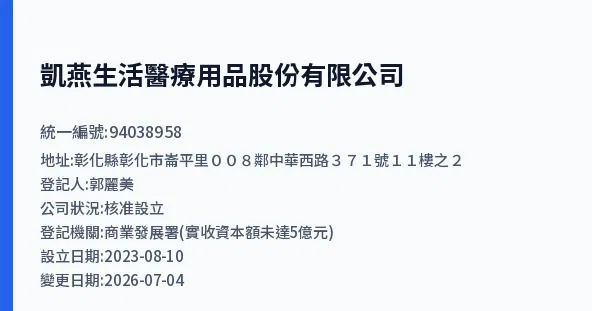 凱燕生活醫療用品股份有限公司的照片-統編 94038958(彰化縣) 公司登記資料與營業項目詳細圖表