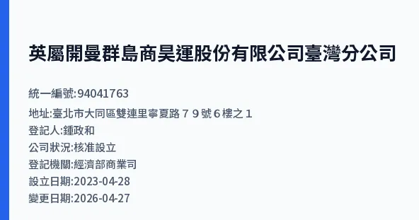 英屬開曼群島商昊運股份有限公司臺灣分公司的照片-統編 94041763(臺北市) 公司登記資料與營業項目詳細圖表