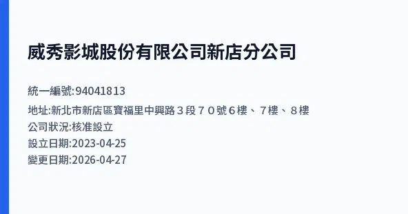 威秀影城股份有限公司新店分公司的照片-統編 94041813(新北市) 公司登記資料與營業項目詳細圖表