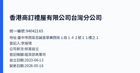 香港商訂禮屋有限公司台灣分公司的照片-統編 94042165(臺中市) 公司登記資料與營業項目詳細圖表