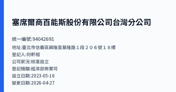 塞席爾商百能斯股份有限公司台灣分公司的照片-統編 94042691(臺北市) 公司登記資料與營業項目詳細圖表