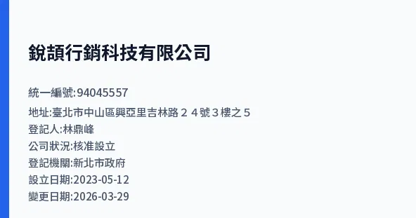 銳頡行銷科技有限公司的照片-統編 94045557(臺北市) 公司登記資料與營業項目詳細圖表