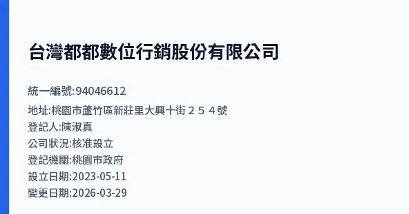台灣都都數位行銷股份有限公司的照片-統編 94046612(桃園市) 公司登記資料與營業項目詳細圖表