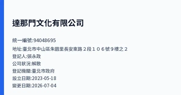 達那門文化有限公司的照片-統編 94048695(臺北市) 公司登記資料與營業項目詳細圖表