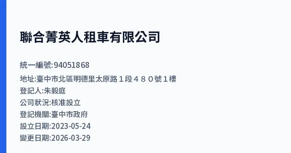 聯合菁英人租車有限公司的照片-統編 94051868(臺中市) 公司登記資料與營業項目詳細圖表