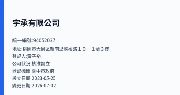 宇承有限公司的照片-統編 94052037(臺中市) 公司登記資料與營業項目詳細圖表