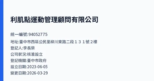 利肌點運動管理顧問有限公司的照片-統編 94052775(臺中市) 公司登記資料與營業項目詳細圖表