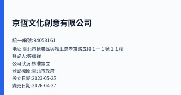 京恆文化創意有限公司的照片-統編 94053161(臺北市) 公司登記資料與營業項目詳細圖表