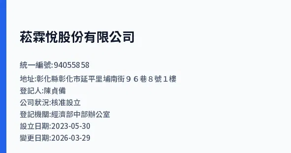 菘霖悅股份有限公司的照片-統編 94055858(彰化縣) 公司登記資料與營業項目詳細圖表