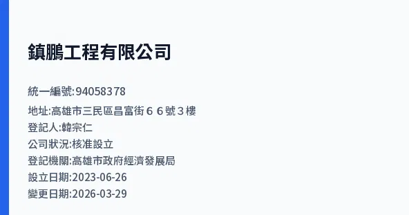鎮鵬工程有限公司的照片-統編 94058378(高雄市) 公司登記資料與營業項目詳細圖表