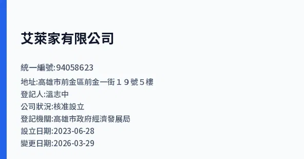 艾萊家有限公司的照片-統編 94058623(高雄市) 公司登記資料與營業項目詳細圖表