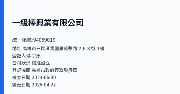 一級棒興業有限公司的照片-統編 94059019(高雄市) 公司登記資料與營業項目詳細圖表