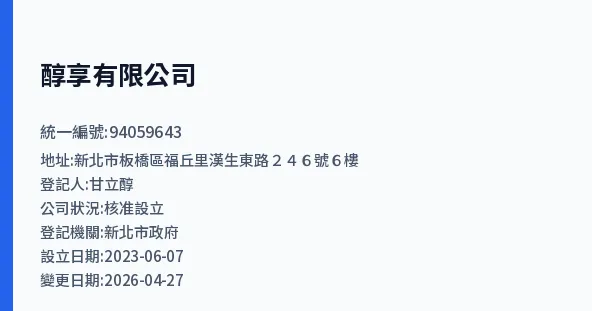 醇享有限公司的照片-統編 94059643(新北市) 公司登記資料與營業項目詳細圖表