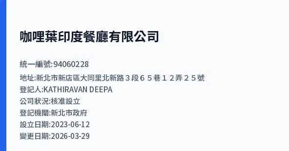 咖哩葉印度餐廳有限公司的照片-統編 94060228(新北市) 公司登記資料與營業項目詳細圖表