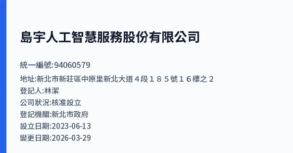 島宇人工智慧服務股份有限公司的照片-統編 94060579(新北市) 公司登記資料與營業項目詳細圖表