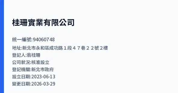 桂珊實業有限公司的照片-統編 94060748(新北市) 公司登記資料與營業項目詳細圖表